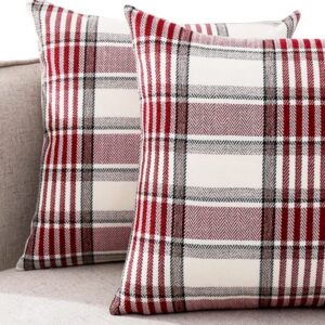 CARRIE HOME Red Christmas Tartan Plaid Pillow Covers 18x18 Set of 2 Farmhouse Buffalo Plaid Red Striped Throw Pillow Cover for Living Room Couch Sofa