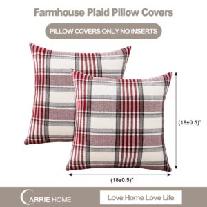 CARRIE HOME Red Christmas Tartan Plaid Pillow Covers 18x18 Set of 2 Farmhouse Buffalo Plaid Red Striped Throw Pillow Cover for Living Room Couch Sofa