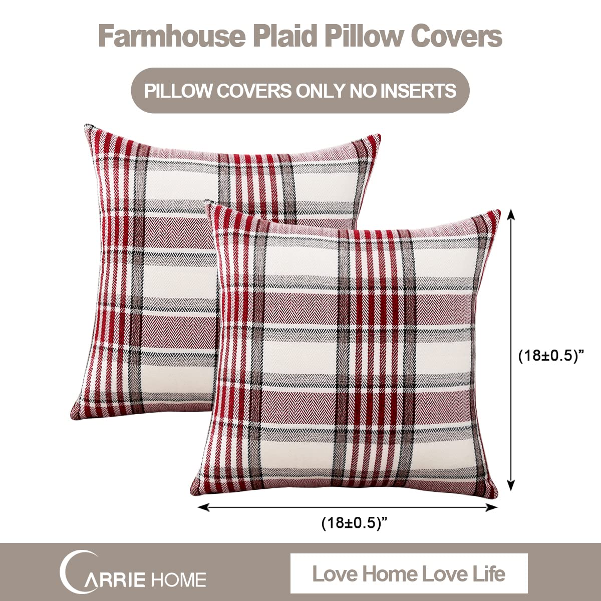 CARRIE HOME Red Christmas Tartan Plaid Pillow Covers 18x18 Set of 2 Farmhouse Buffalo Plaid Red Striped Throw Pillow Cover for Living Room Couch Sofa