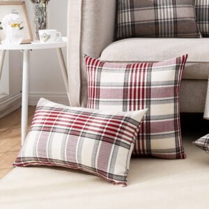 CARRIE HOME Red Christmas Tartan Plaid Pillow Covers 18x18 Set of 2 Farmhouse Buffalo Plaid Red Striped Throw Pillow Cover for Living Room Couch Sofa