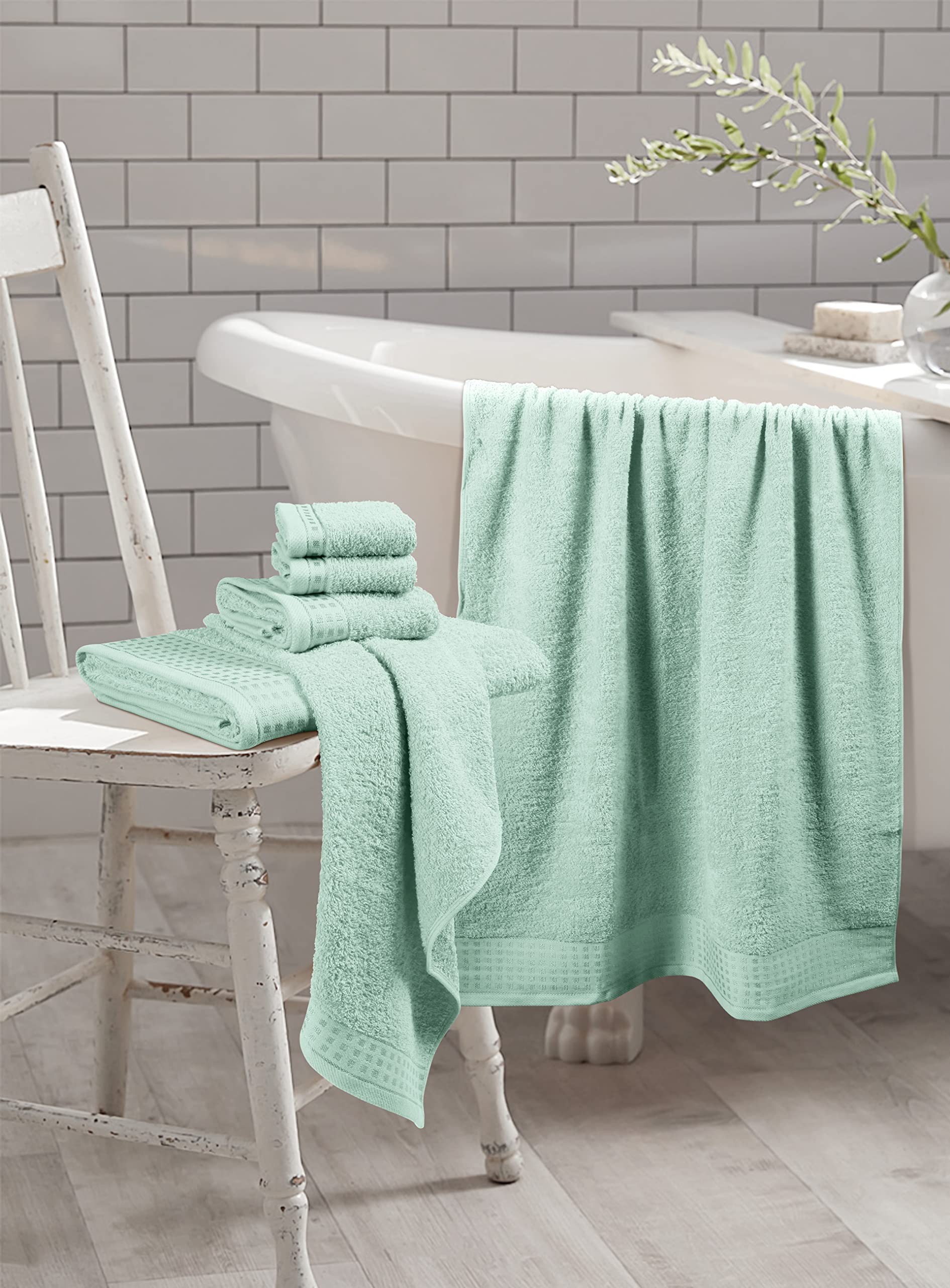 GLAMBURG 100% Cotton Ultra Soft 6 Pack Towel Set, Contains 2 Bath Towels 28x55 Inches, 2 Hand Towels 16x24 Inches & 2 Wash Coths 12x12 Inches, Compact Absorbent Lightweight & Quickdry - Sea Green