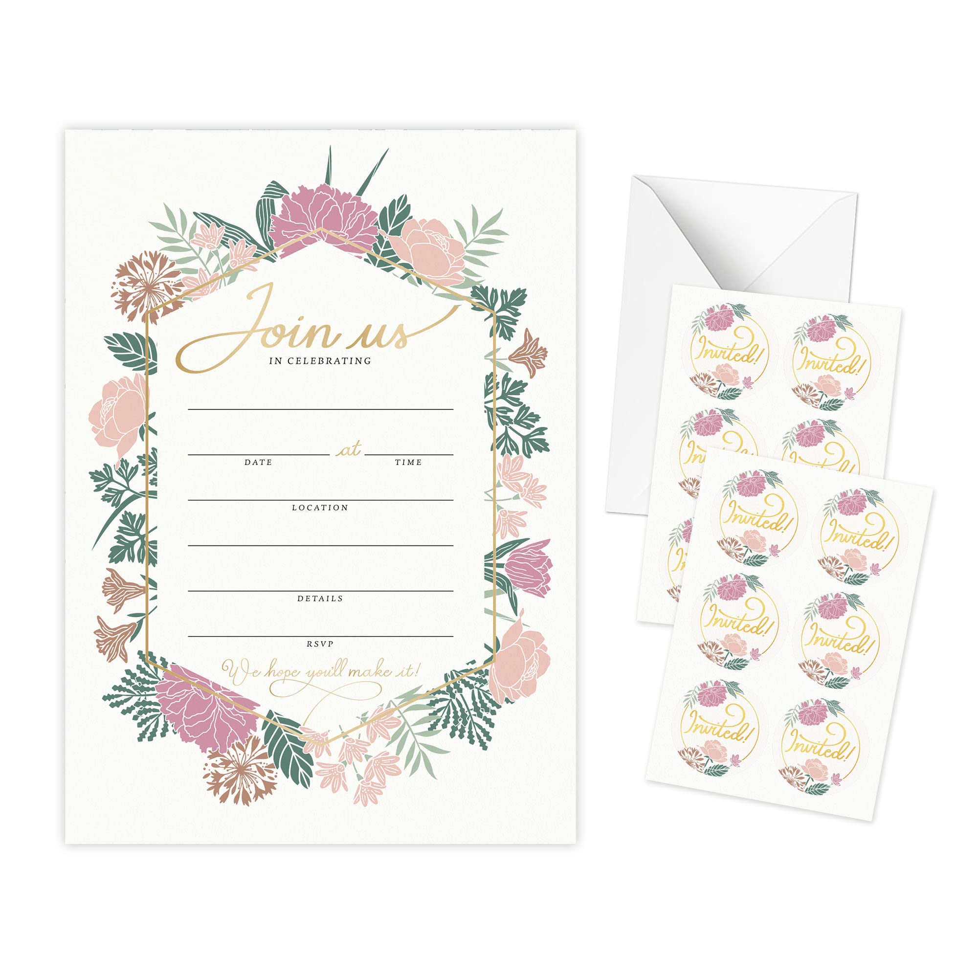 Rileys & Co. Invitation Cards with Envelopes and Bonus Stickers,50 Count, Blank Cards with Envelopes, Anniversery Invitation Cards, Floral Party Invitations for Wedding, Baby Shower, 7x5 Inches