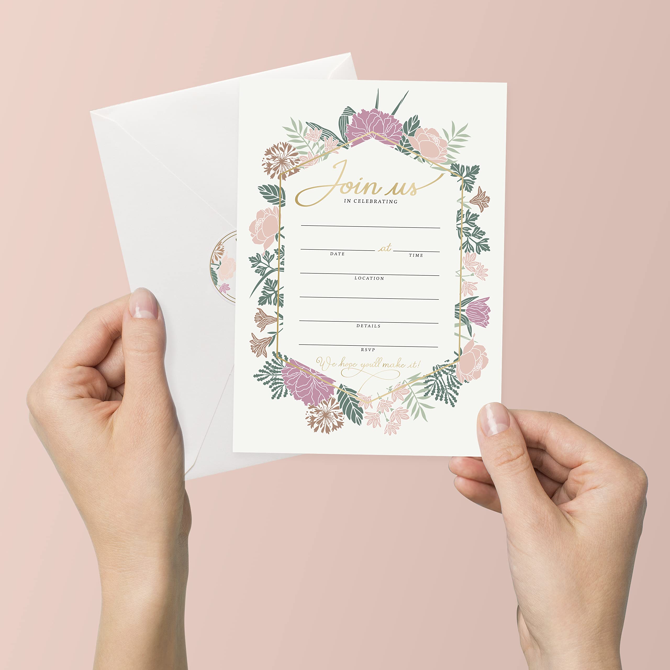 Rileys & Co. Invitation Cards with Envelopes and Bonus Stickers,50 Count, Blank Cards with Envelopes, Anniversery Invitation Cards, Floral Party Invitations for Wedding, Baby Shower, 7x5 Inches