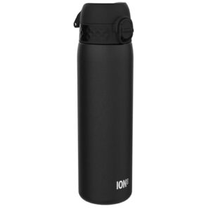 ion8 steel water bottle, 600 ml/20 oz, leak proof, easy to open, secure lock, dishwasher safe, hygienic flip cover, fits cup holders, carry handle, durable, scratch resistant, carbon neutral, black