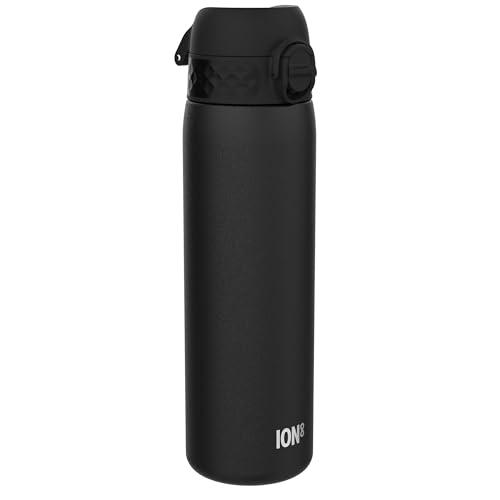 ION8 Steel Water Bottle, 600 ml/20 oz, Leak Proof, Easy to Open, Secure Lock, Dishwasher Safe, Hygienic Flip Cover, Fits Cup Holders, Carry Handle, Durable, Scratch Resistant, Carbon Neutral, Black