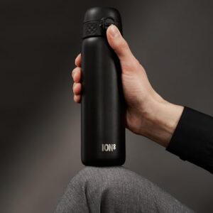 ION8 Steel Water Bottle, 600 ml/20 oz, Leak Proof, Easy to Open, Secure Lock, Dishwasher Safe, Hygienic Flip Cover, Fits Cup Holders, Carry Handle, Durable, Scratch Resistant, Carbon Neutral, Black