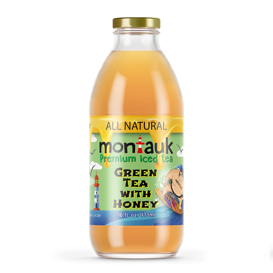 Montauk Beverageworks Premium All-Natural Iced Tea, 16 Fl Oz Glass Bottles (Green Tea with Honey, Pack of 12)