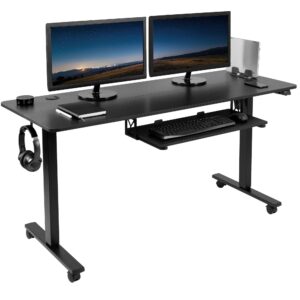 vivo electric height adjustable 60 x 24 inch mobile stand up desk, complete active workstation with 2 section black table top, black frame, keyboard tray, 2 accessory hooks, desk-e-p60kb