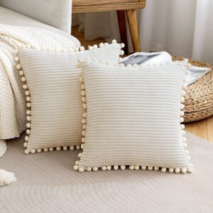 ANRODUO Pack of 2 Cream White Boho Decorative Pillow Covers with Pom-poms Pillow Covers 18x18 Corduroy Cushion Case Cute and Soft Square Throw Pillows for Bed Couch Sofa Living Room Fall Home Decor