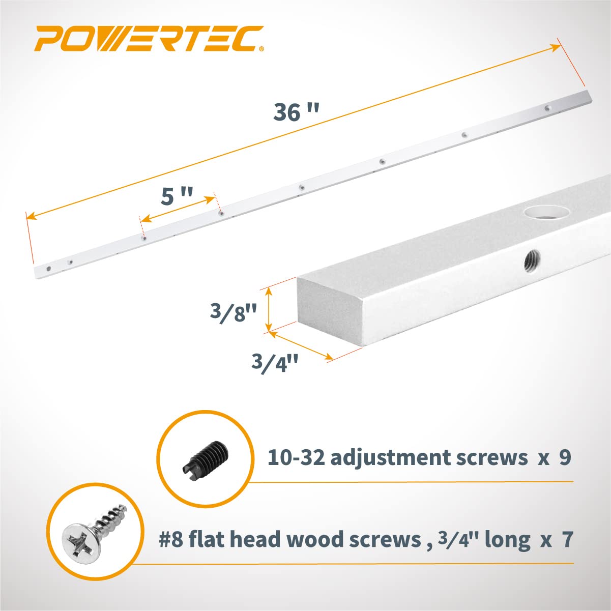 POWERTEC 36" Miter Bar for Table Saw Sled, Fits Standard 3/4" x 3/8" Miter Slot Runners for Crosscut Sled, Taper Jig & Other Wood Working Jig, Table Saw, Router Table, Band Saw, 2 PK (71520-P2)