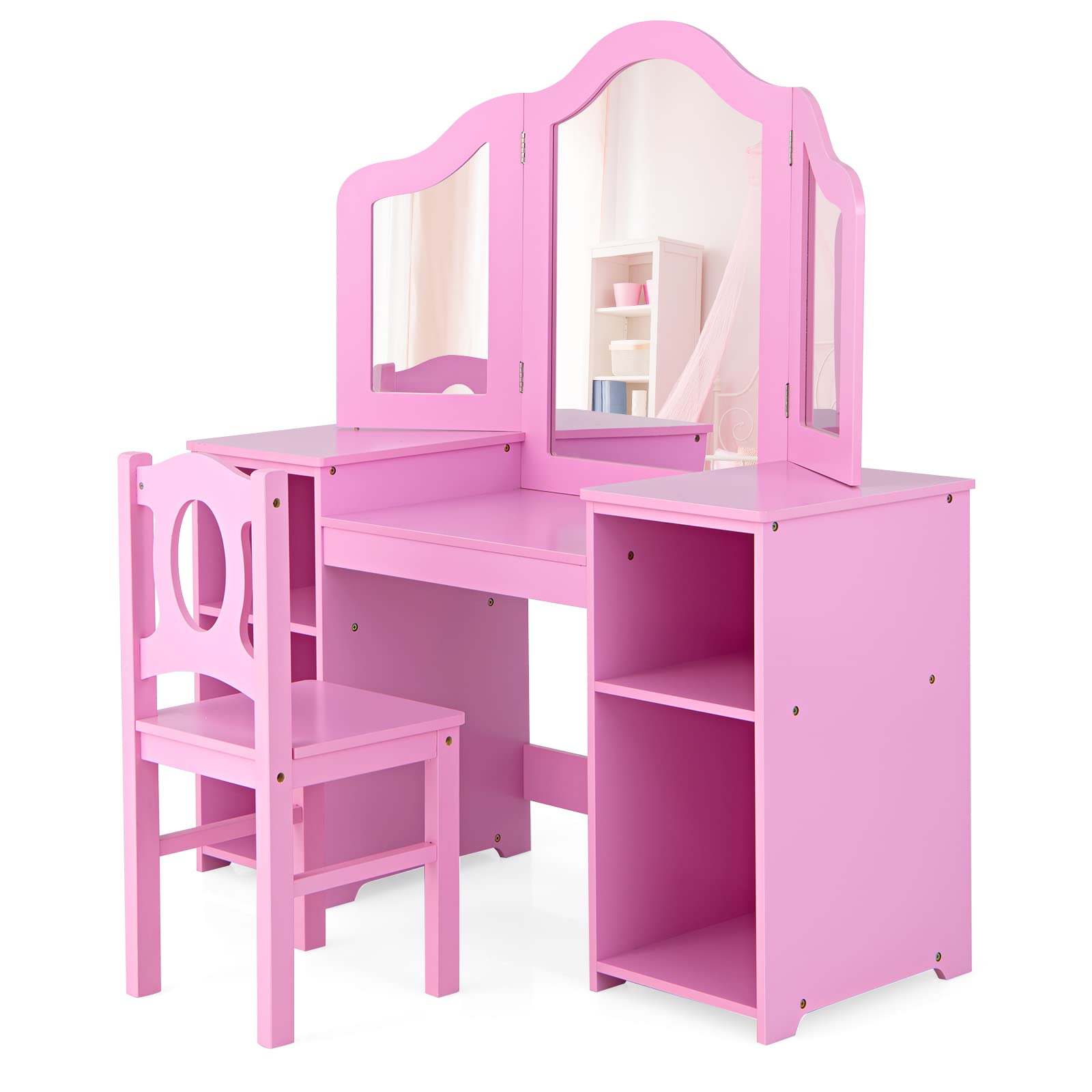 INFANS Kids Vanity, 2 in 1 Princess Makeup Desk & Chair Set with Tri-Folding Detachable Mirror, Large Storage Shelves, Wooden Pretend Play Dressing Table for Girls