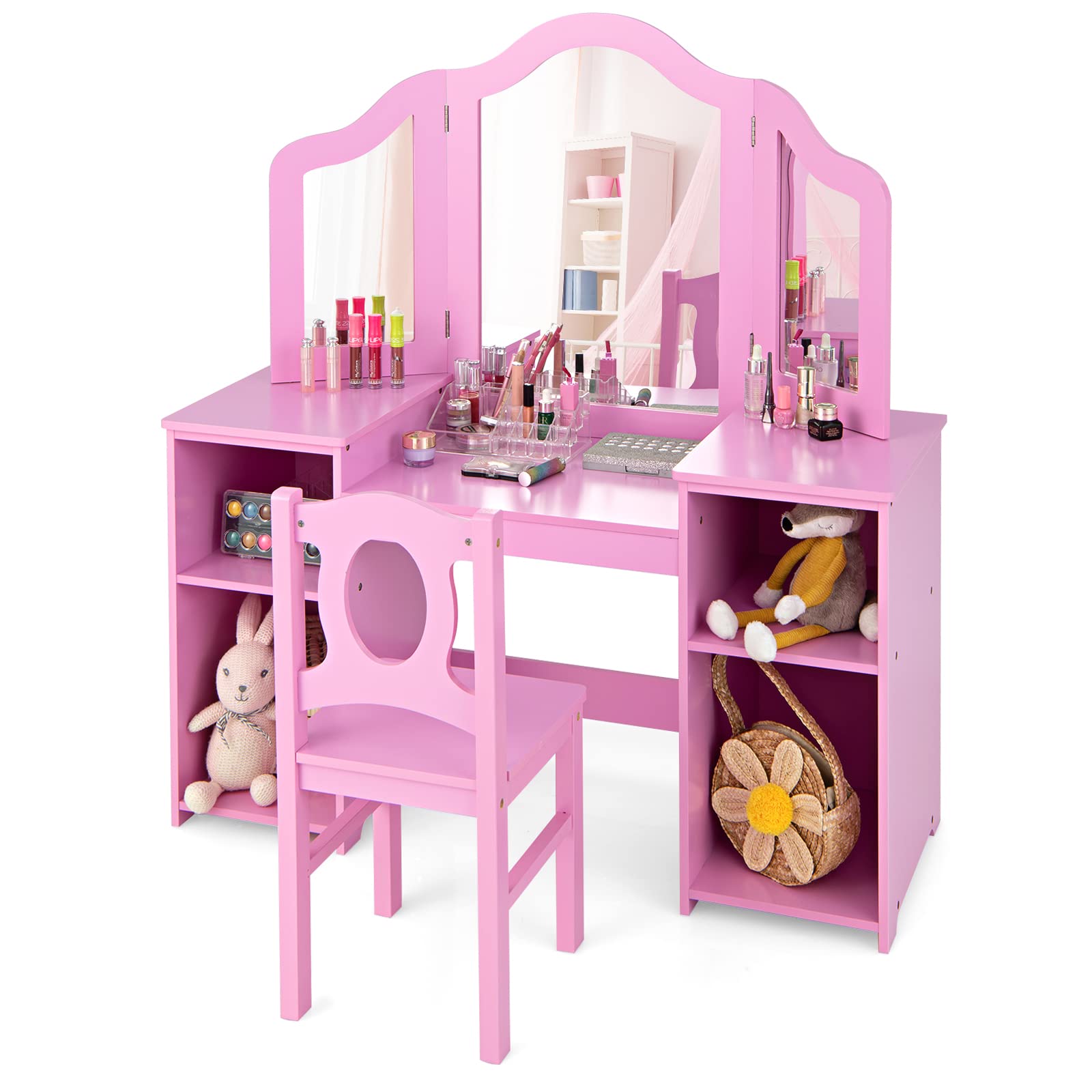 INFANS Kids Vanity, 2 in 1 Princess Makeup Desk & Chair Set with Tri-Folding Detachable Mirror, Large Storage Shelves, Wooden Pretend Play Dressing Table for Girls