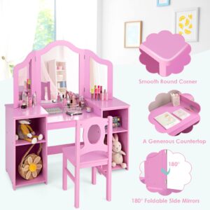 INFANS Kids Vanity, 2 in 1 Princess Makeup Desk & Chair Set with Tri-Folding Detachable Mirror, Large Storage Shelves, Wooden Pretend Play Dressing Table for Girls