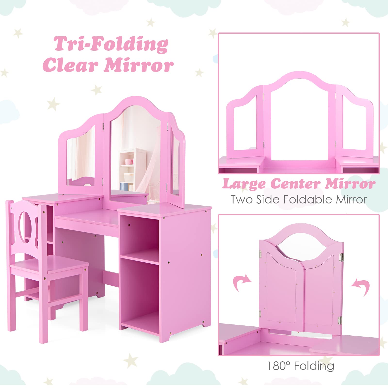 INFANS Kids Vanity, 2 in 1 Princess Makeup Desk & Chair Set with Tri-Folding Detachable Mirror, Large Storage Shelves, Wooden Pretend Play Dressing Table for Girls