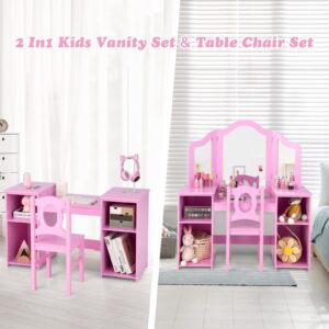 INFANS Kids Vanity, 2 in 1 Princess Makeup Desk & Chair Set with Tri-Folding Detachable Mirror, Large Storage Shelves, Wooden Pretend Play Dressing Table for Girls