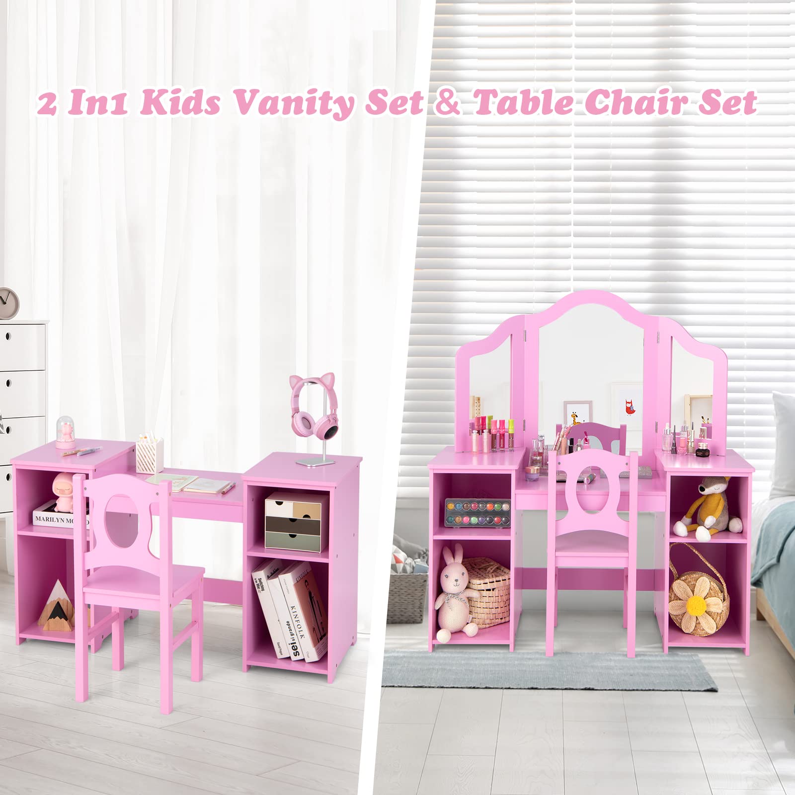 INFANS Kids Vanity, 2 in 1 Princess Makeup Desk & Chair Set with Tri-Folding Detachable Mirror, Large Storage Shelves, Wooden Pretend Play Dressing Table for Girls