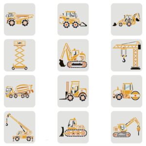 fingerinspire 12 pcs construction vehicle stencils 7.9x7.9 inch reusable truck stencils plastic forklifts excavators cranes mixers pattern stencil reusable construction vehicle stencil for painting