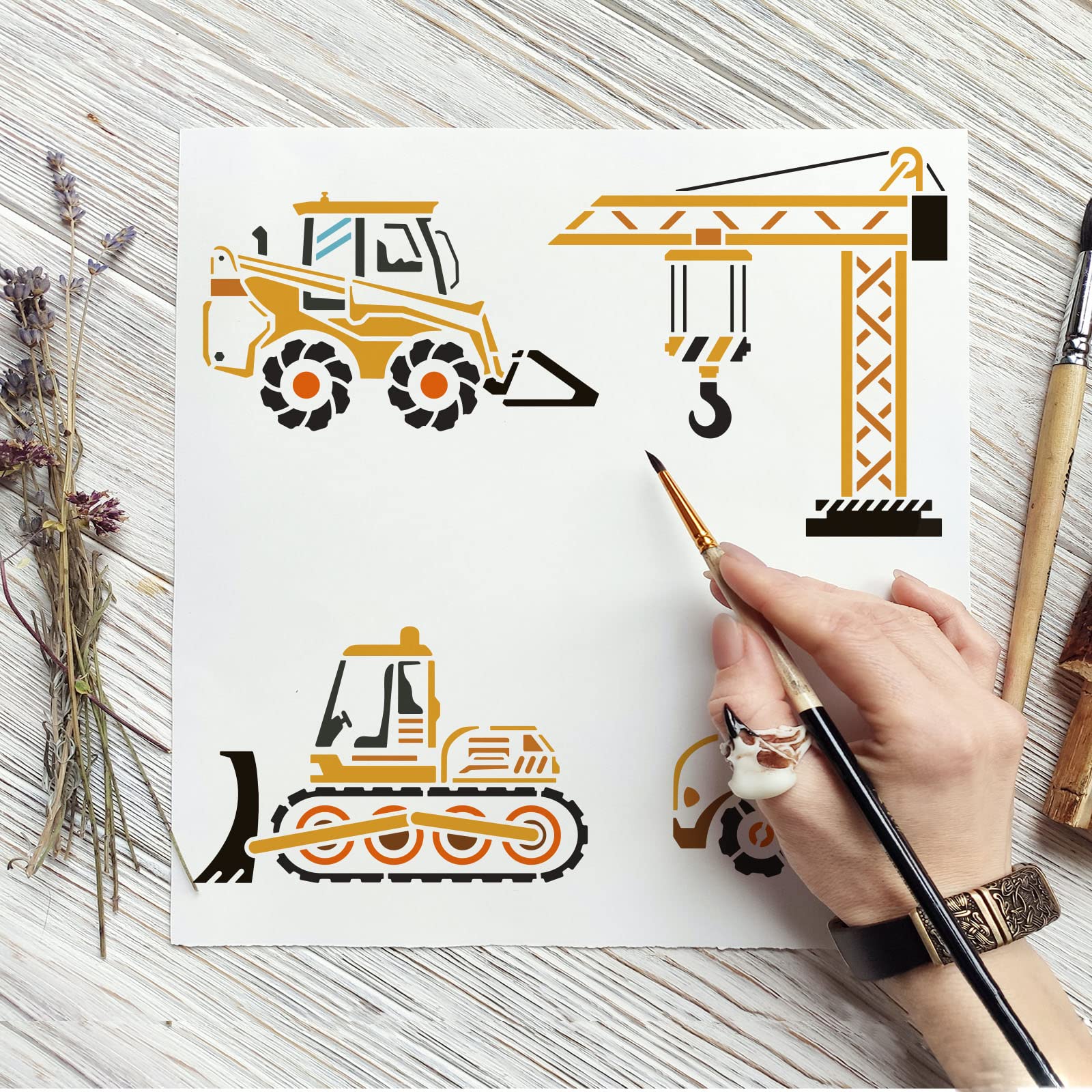 FINGERINSPIRE 12 Pcs Construction Vehicle Stencils 7.9x7.9 inch Reusable Truck Stencils Plastic Forklifts Excavators Cranes Mixers Pattern Stencil Reusable Construction Vehicle Stencil for Painting