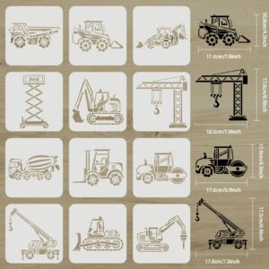 FINGERINSPIRE 12 Pcs Construction Vehicle Stencils 7.9x7.9 inch Reusable Truck Stencils Plastic Forklifts Excavators Cranes Mixers Pattern Stencil Reusable Construction Vehicle Stencil for Painting