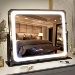 fennio vanity mirror with lights 22"x19",led lighted makeup mirror,large makeup mirror with lights,touch screen with 3-color lighting,led mirror makeup,dimmable,for vanity desk tabletop,bedroom