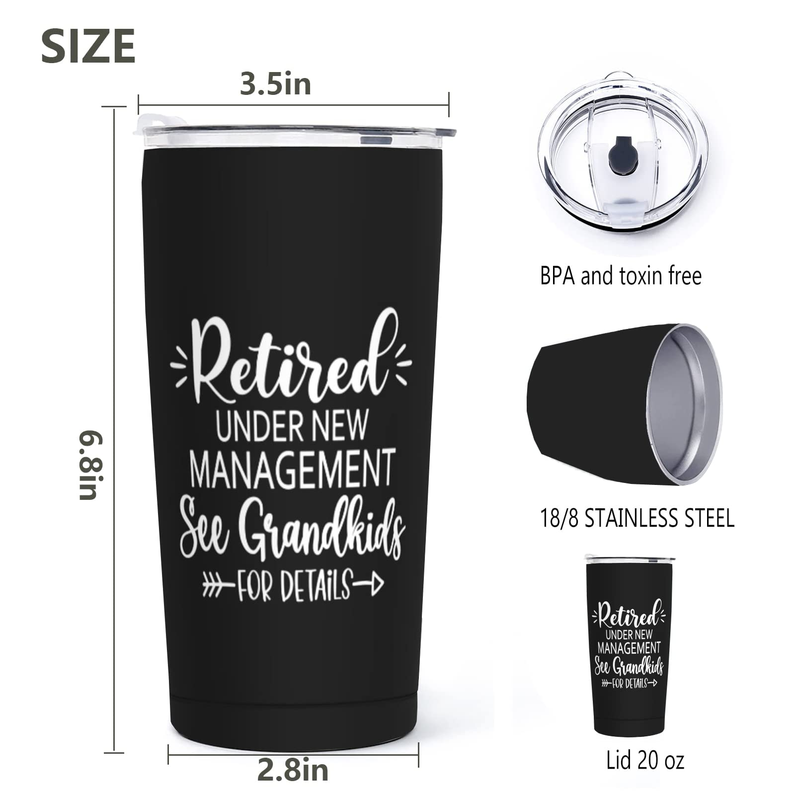 Wisedeal Retired Under New Management Stainless Steel with Lid Insulated Tumbler Coffee Mug, Retirement Christmas Birthday Gifts Mug For Grandma Grandpa Uncle Dad Mom Aunt, Black 20 Oz