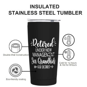 Wisedeal Retired Under New Management Stainless Steel with Lid Insulated Tumbler Coffee Mug, Retirement Christmas Birthday Gifts Mug For Grandma Grandpa Uncle Dad Mom Aunt, Black 20 Oz