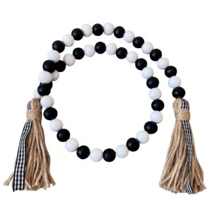 wood bead garland with tassel farmhouse home decor accents tiered tray decoration 36 inch (black & white 36")