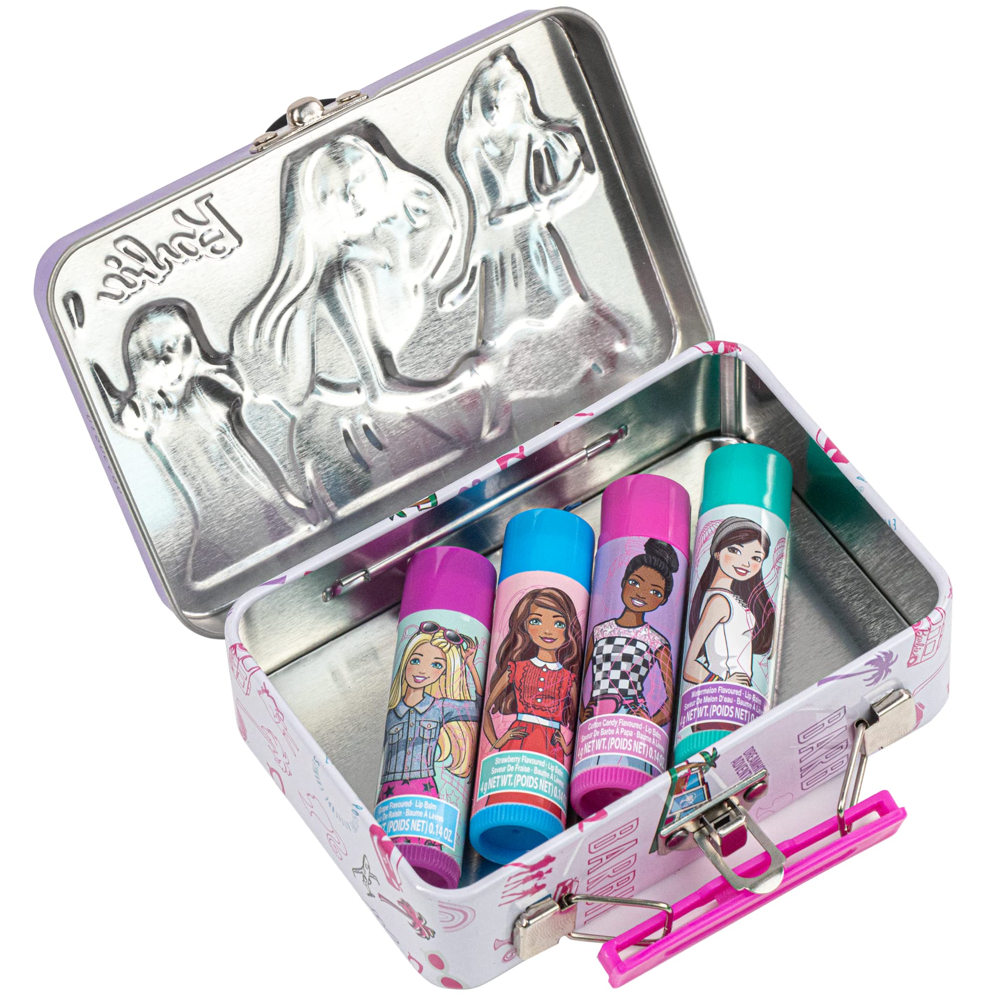 Barbie – Townley Girl Plant Based 4 Pk Swirl Lip Balm with Tin Case Makeup Cosmetic Set for Kids and Girls, Ages 3+, Perfect for Parties, Sleepovers & Makeovers