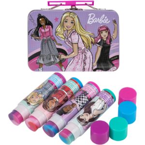 Barbie – Townley Girl Plant Based 4 Pk Swirl Lip Balm with Tin Case Makeup Cosmetic Set for Kids and Girls, Ages 3+, Perfect for Parties, Sleepovers & Makeovers