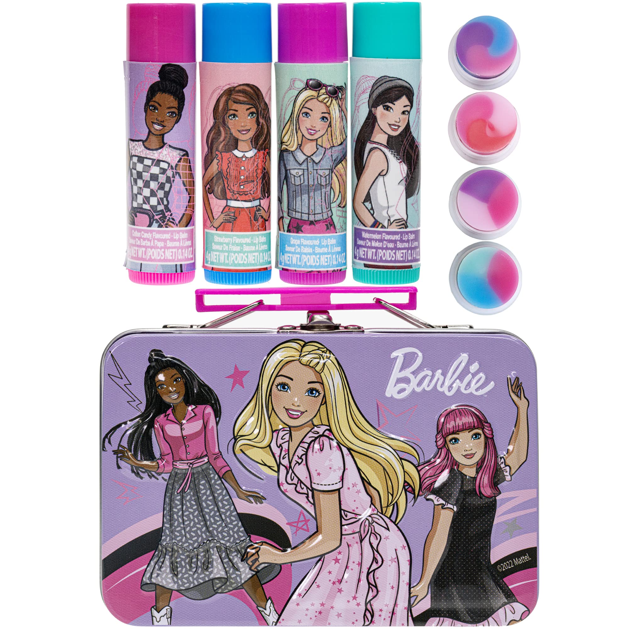 Barbie – Townley Girl Plant Based 4 Pk Swirl Lip Balm with Tin Case Makeup Cosmetic Set for Kids and Girls, Ages 3+, Perfect for Parties, Sleepovers & Makeovers