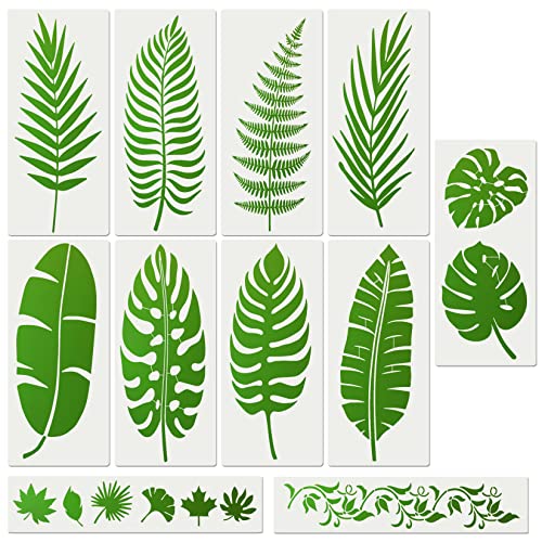 11Pieces Large Leaf Stencil 14” x 5.85”, Palm Fern Leaf Stencils for Painting on Walls Nature Tropical Plant Leaves Paint Stencils for Furniture Canvas Home Decor DIY Crafts (14” x 5.85”)