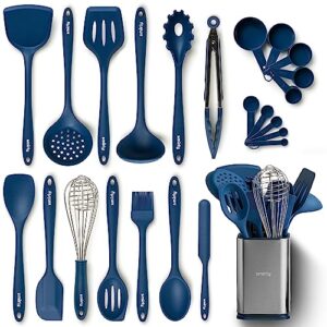 silicone kitchen utensils set & holder: cooking utensils set - kitchen essentials for new home & 1st apartment- silicone spatula set, cooking spoons for nonstick cookware (silicone, blue)