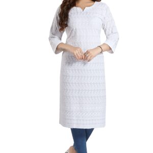 QUEEN SHIELD Women's Chikan-Kari Long Knee Length Kurti(White)(3XL)(46White9999)