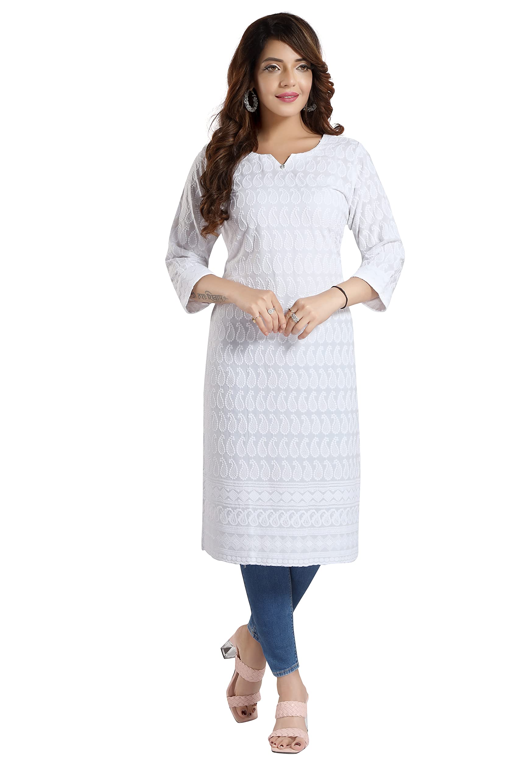 QUEEN SHIELD Women's Chikan-Kari Long Knee Length Kurti(White)(3XL)(46White9999)