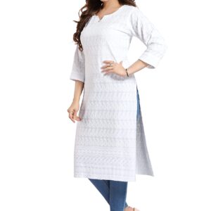 QUEEN SHIELD Women's Chikan-Kari Long Knee Length Kurti(White)(3XL)(46White9999)