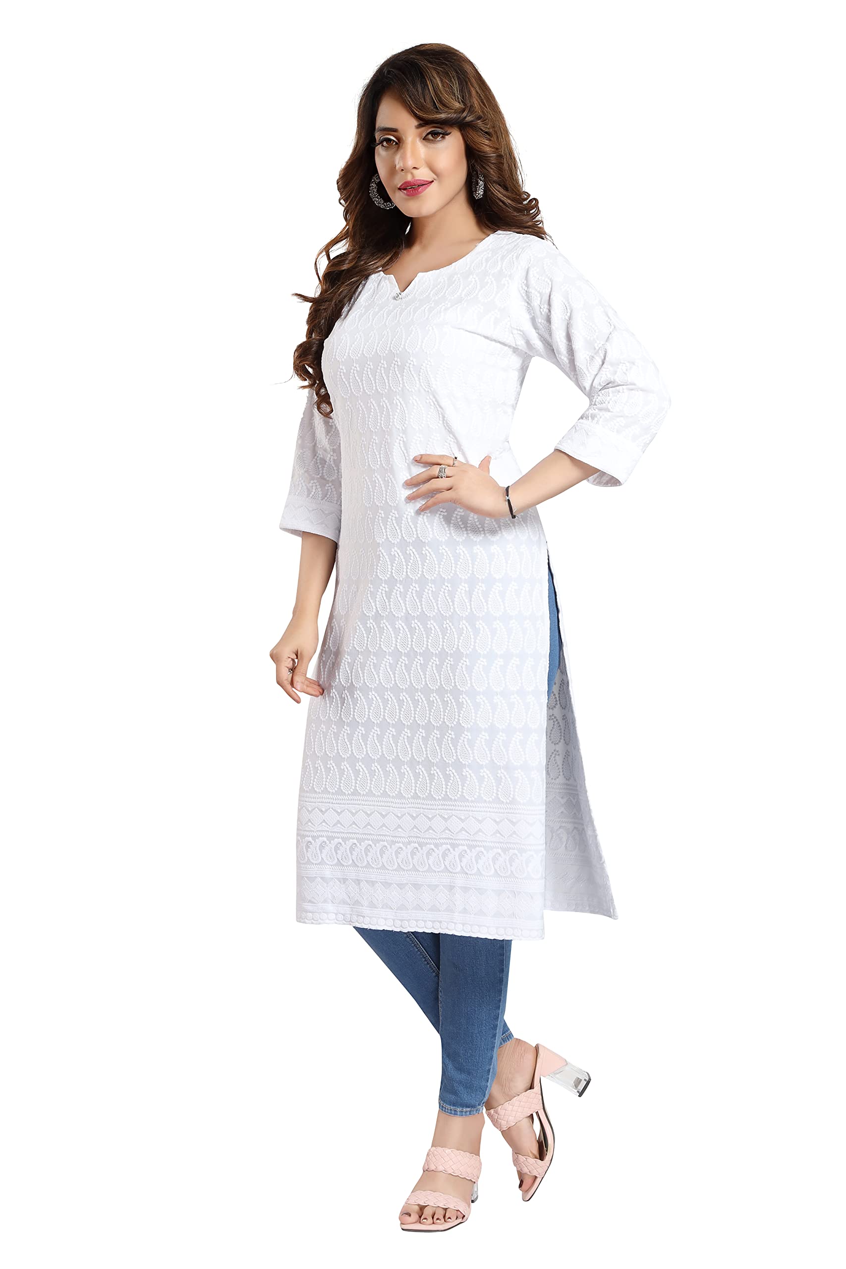 QUEEN SHIELD Women's Chikan-Kari Long Knee Length Kurti(White)(3XL)(46White9999)