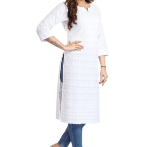 QUEEN SHIELD Women's Chikan-Kari Long Knee Length Kurti(White)(3XL)(46White9999)