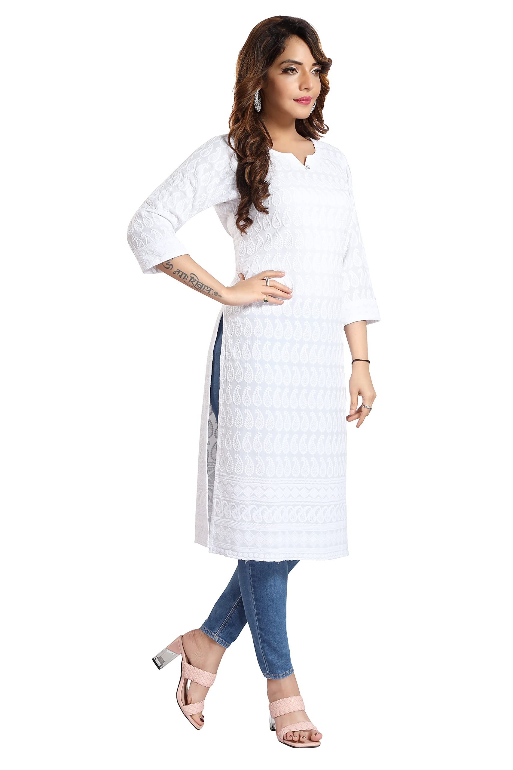 QUEEN SHIELD Women's Chikan-Kari Long Knee Length Kurti(White)(3XL)(46White9999)