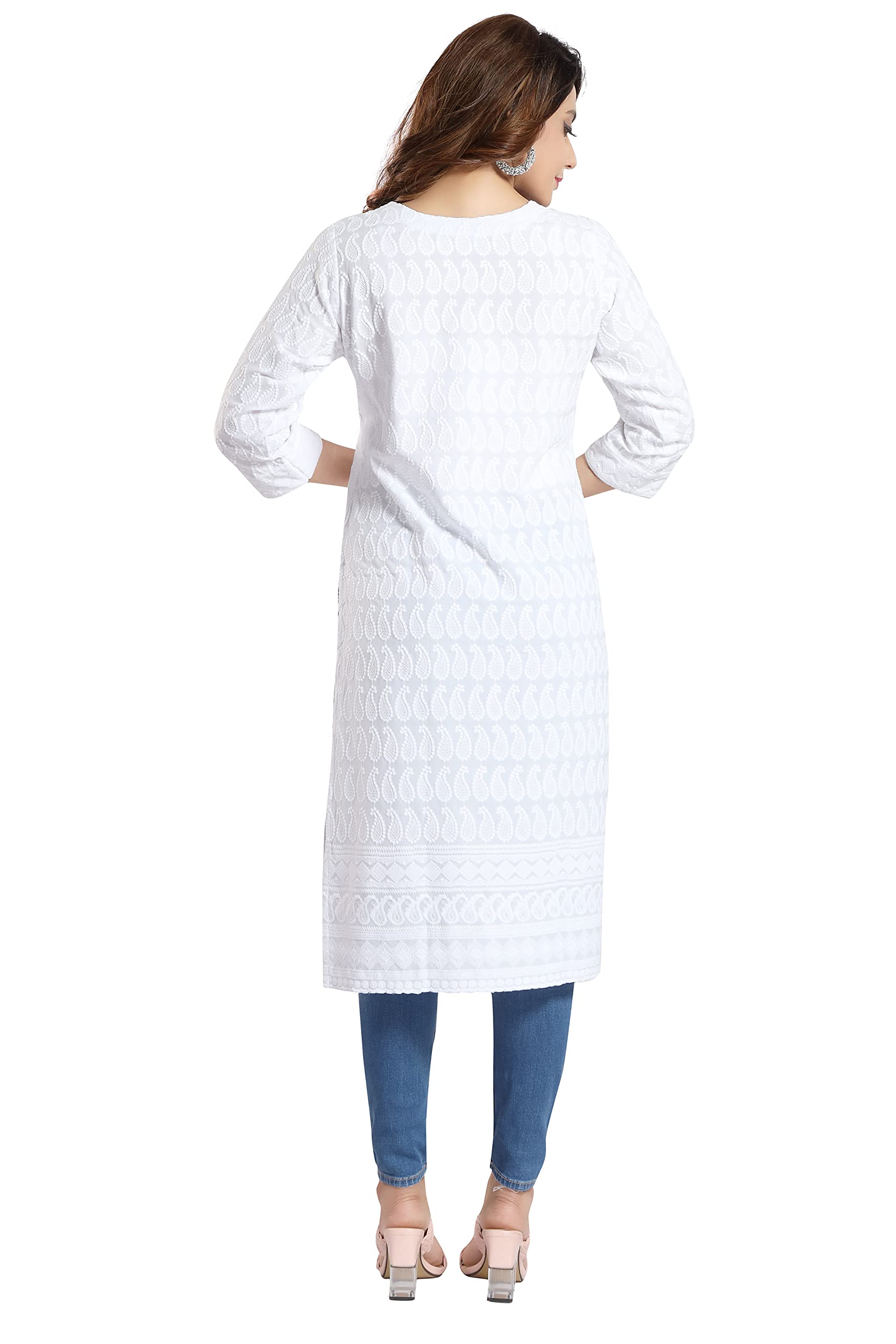 QUEEN SHIELD Women's Chikan-Kari Long Knee Length Kurti(White)(3XL)(46White9999)