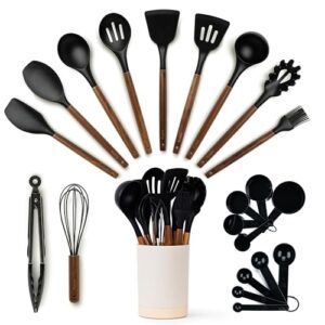 silicone kitchen utensils set & holder: cooking utensils set - kitchen essentials for new home & 1st apartment- silicone spatula set, cooking spoons for nonstick cookware (acacia wood, black)