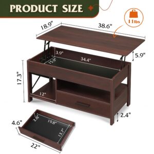 WLIVE Coffee Table, 39" Lift Top Coffee Table with Hidden Compartment and Sorage Drawers for Living Room,Espresso