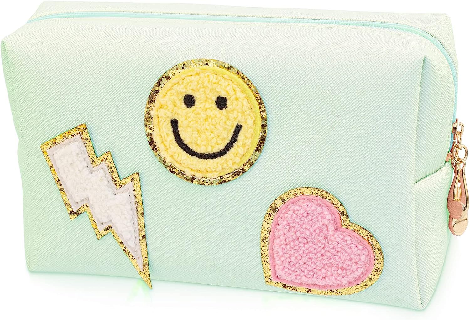 dark swan Preppy Makeup Bag Patch Smile Lightning Heart PU Leather Portable Waterproof Travel Makeup Bag Organizer Travel Accessories Makeup Bag Purse for Women Mint Green