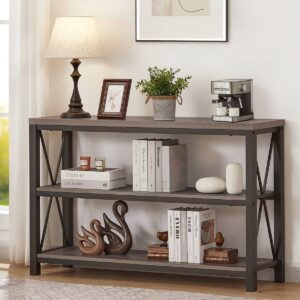 bon augure rustic sofa table behind couch, industrial console tables for entryway, 3 tier wood shelves entry table with storage for foyer, hallway, front door (47 inch, dark grey oak)