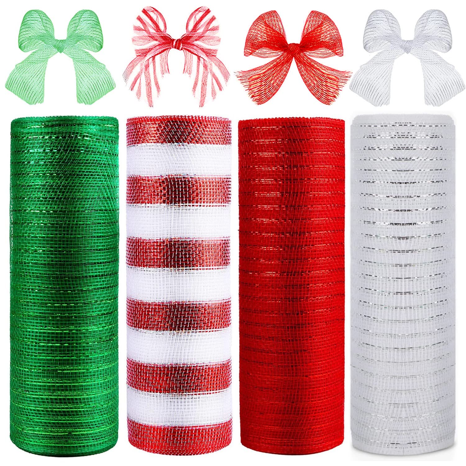 4 Roll Christmas Poly Mesh Ribbon, 10 Inch x 30 Feet Metallic Poly Mesh Ribbon Red Green and White Glitter Foil Mesh Ribbon Decorative Mesh Rolls for DIY Wreath Crafts Christmas Party Decoration