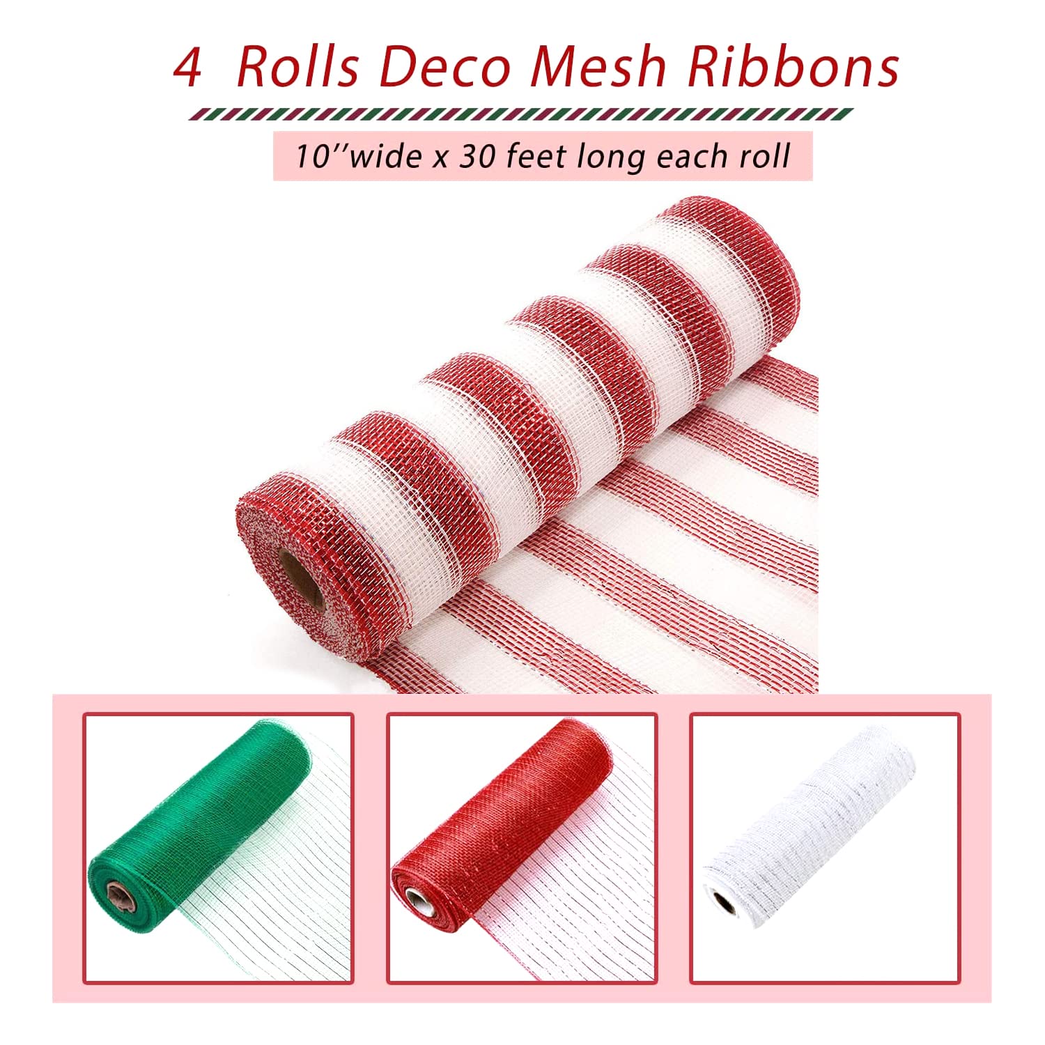 4 Roll Christmas Poly Mesh Ribbon, 10 Inch x 30 Feet Metallic Poly Mesh Ribbon Red Green and White Glitter Foil Mesh Ribbon Decorative Mesh Rolls for DIY Wreath Crafts Christmas Party Decoration