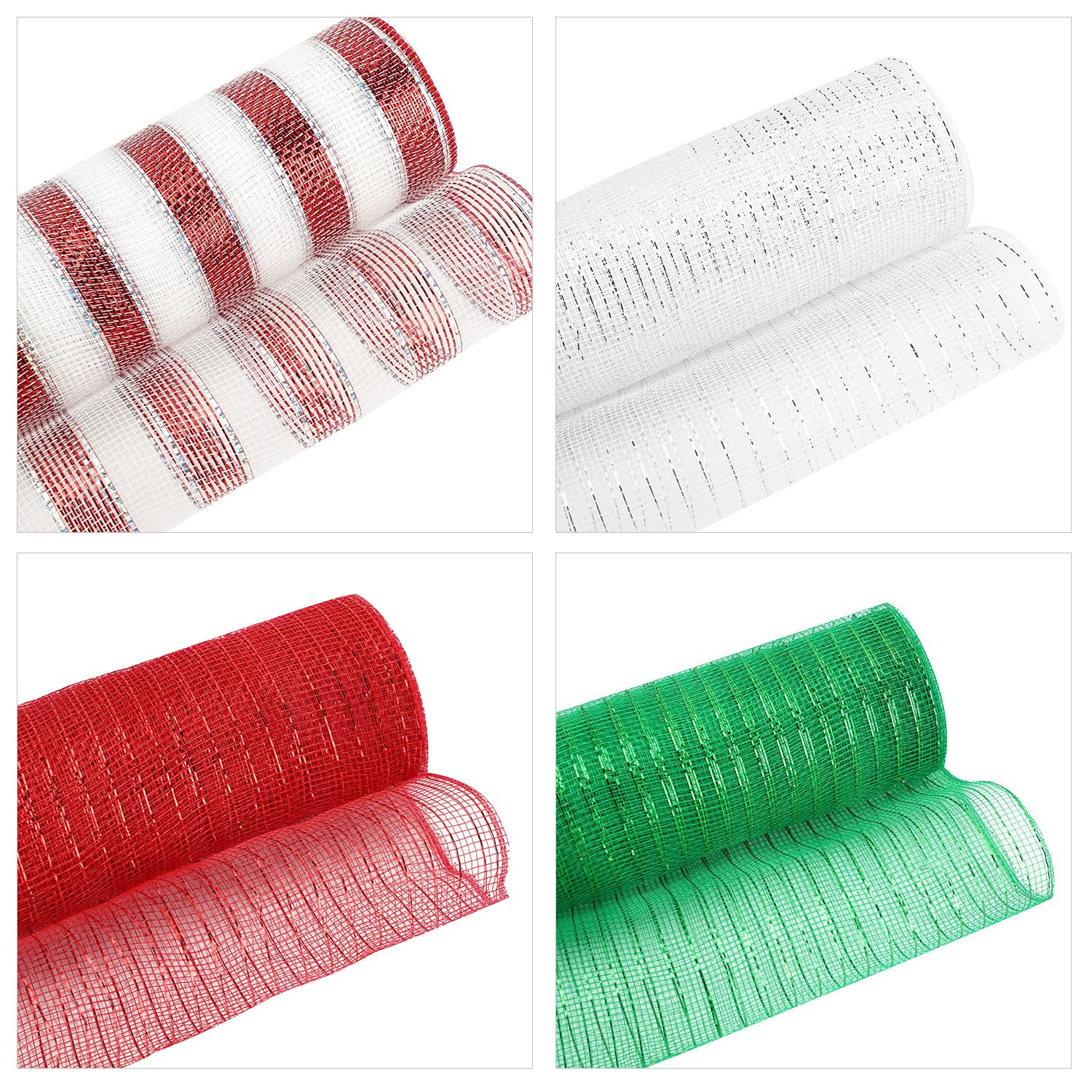 4 Roll Christmas Poly Mesh Ribbon, 10 Inch x 30 Feet Metallic Poly Mesh Ribbon Red Green and White Glitter Foil Mesh Ribbon Decorative Mesh Rolls for DIY Wreath Crafts Christmas Party Decoration