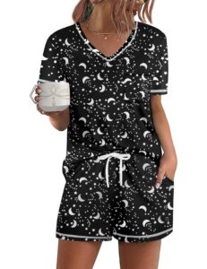 ekouaer women's pajamas sets short sleeve lounge sets sleepwear casual two piece pjs with pockets black moon star xx-large