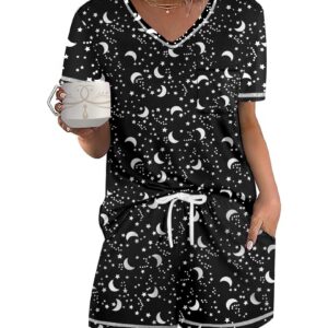 Ekouaer Women's Pajamas Sets Short Sleeve Lounge Sets Sleepwear Casual Two Piece Pjs With Pockets Black Moon Star XX-Large