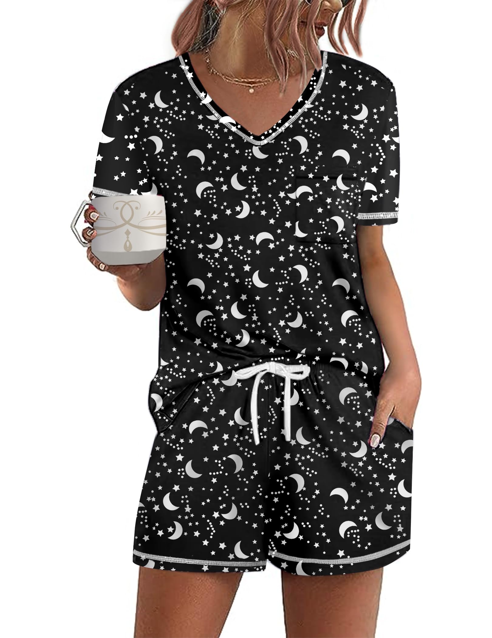 Ekouaer Women's Pajamas Sets Short Sleeve Lounge Sets Sleepwear Casual Two Piece Pjs With Pockets Black Moon Star XX-Large