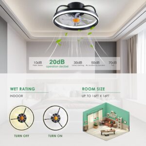 Mpayel Flush Mount Ceiling Fans with Lights and Remote Control，Modern Enclosed Bladeless,15'' Low Profile Ceiling Fan with Stepless Dimming Lighting Fixture for Bedroom Kitchen（Black）……